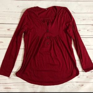 Tops | Deep Red Blouse With Brown Buttons And Flare Body | Poshmark